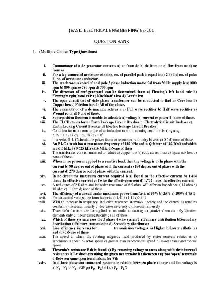 Basic Electrical Engineering MCQ Bank | PDF | Transformer | Alternating ...