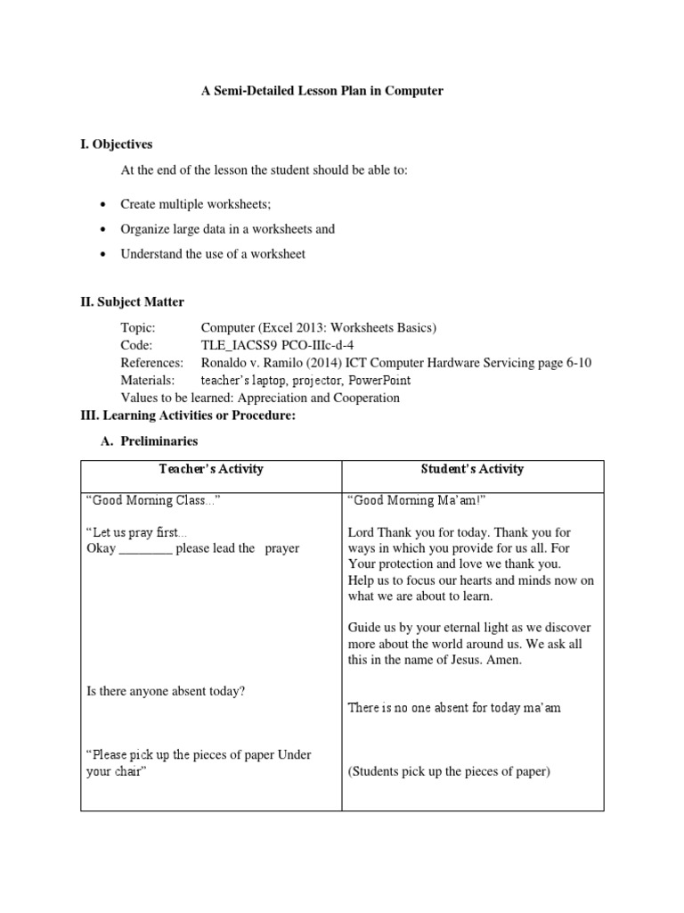 Worksheets Basics Lesson Plan | PDF | Worksheet | Computing