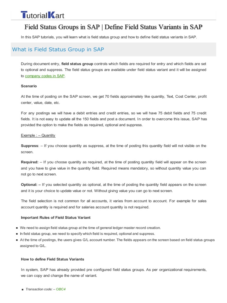 Field Status Group in Sap Define Field Status Variants PDF | PDF | Debits And Credits | Payments