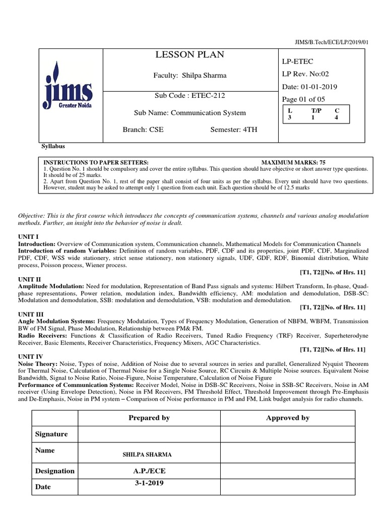 Communication System Lesson Plan (Cse) | PDF | Frequency Modulation | Modulation