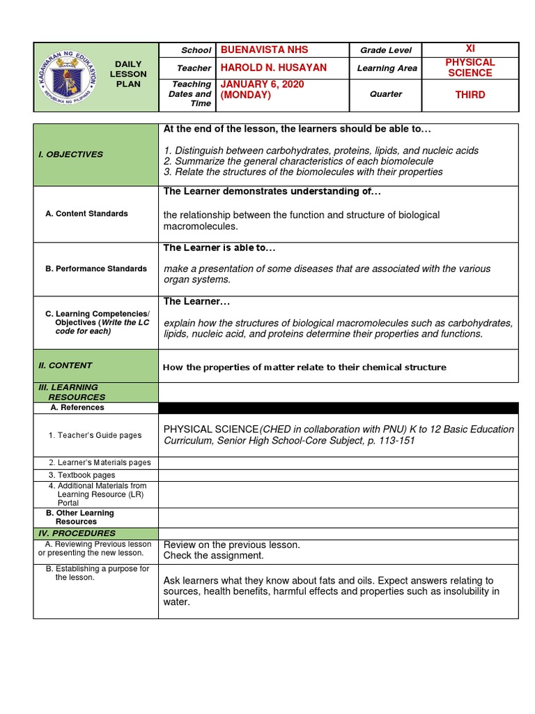 Lipids Lesson Plan for Grade 11 | PDF | Dna | Rna