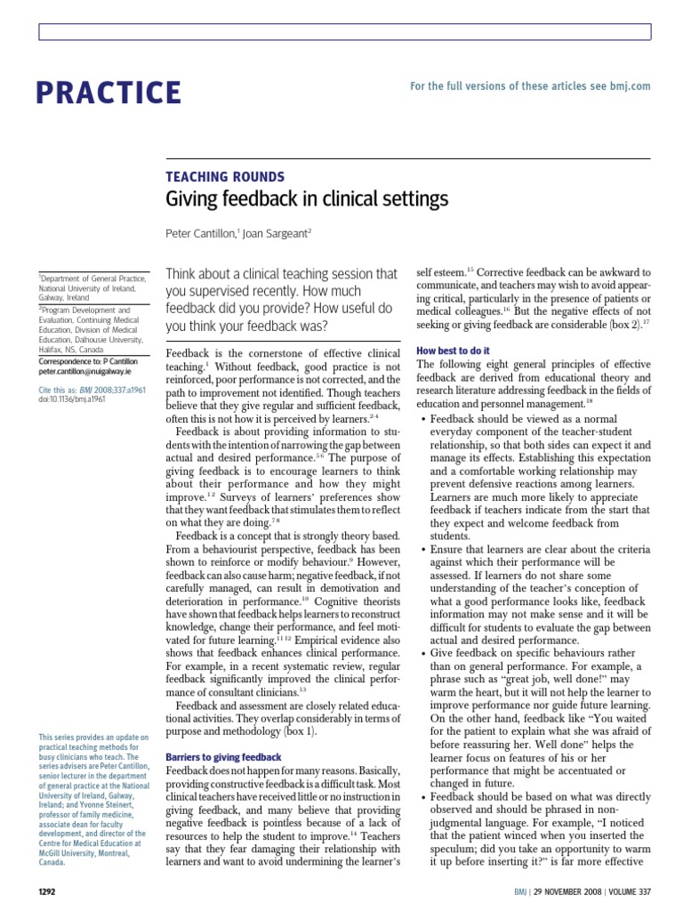 Providing Effective Feedback in Clinical Teaching: Eight Principles for ...