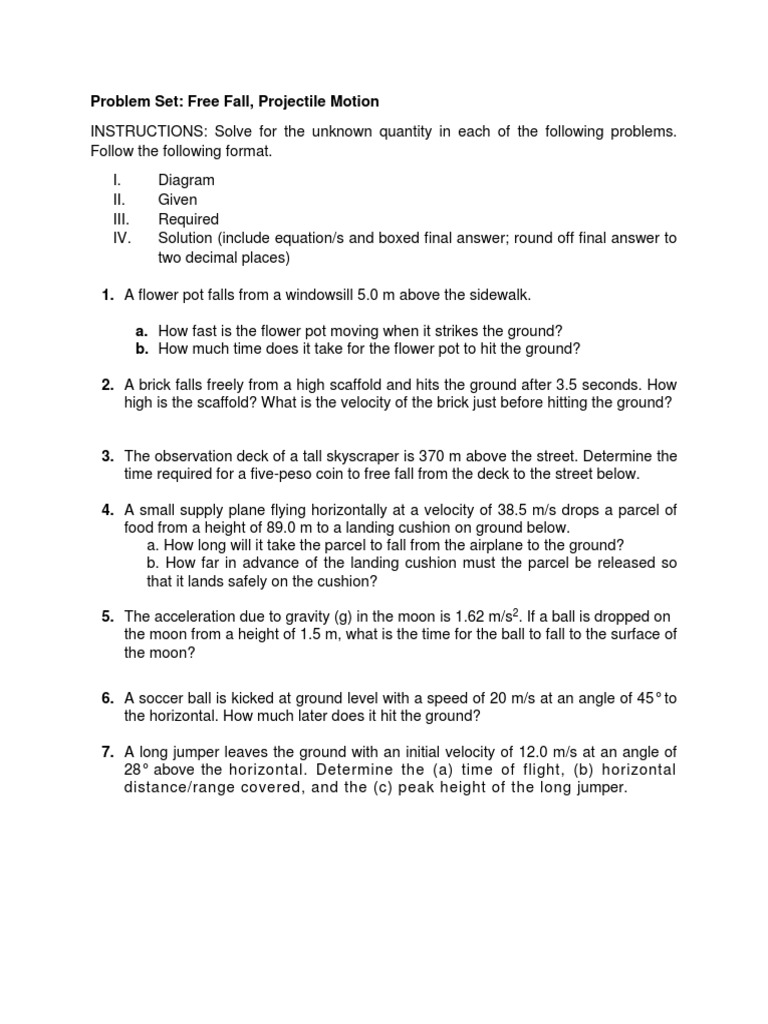 Problem Set (Free Fall, Projectile Motion) | PDF
