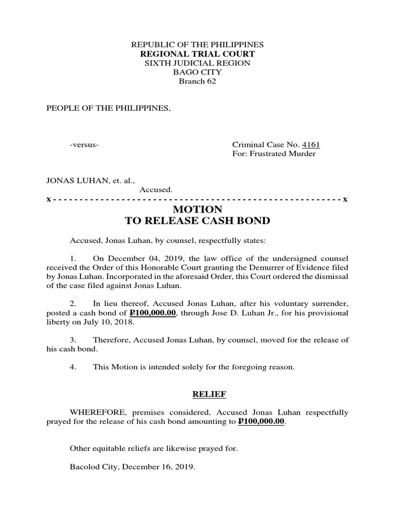 Motion To Release Cash Bond | PDF | Common Law | Judiciaries