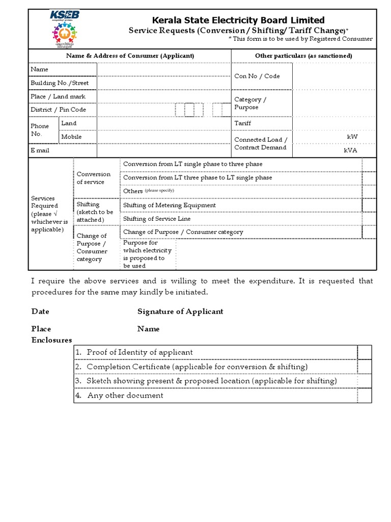 Kerala State Electricity Board Service - Requests-Conversion Form | PDF ...