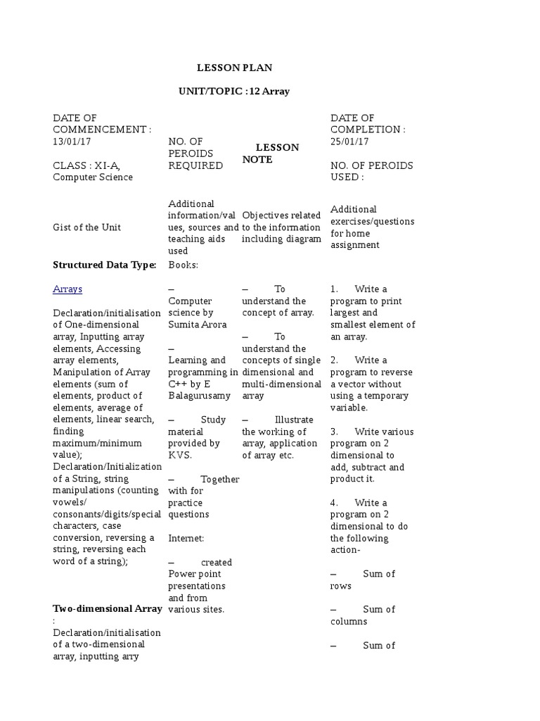Lesson Plan Array Pdf Array Data Structure Algorithms And Data Structures