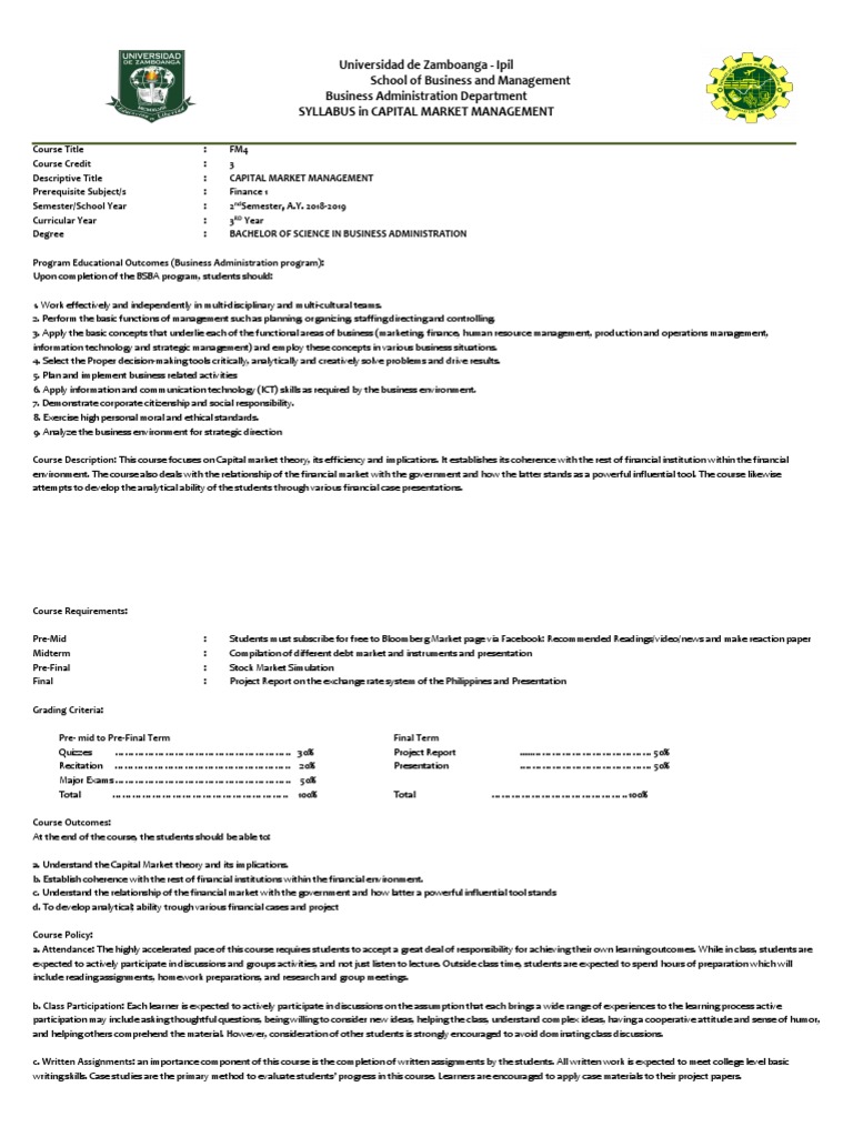 Syllabus in Capital Market Management 2 | PDF | Stock Market | Academic ...