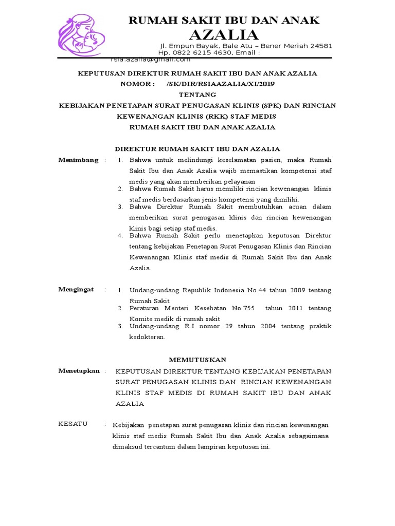 SK Kebijakan Penetapan SPK Dan RKK Staf Medis | PDF