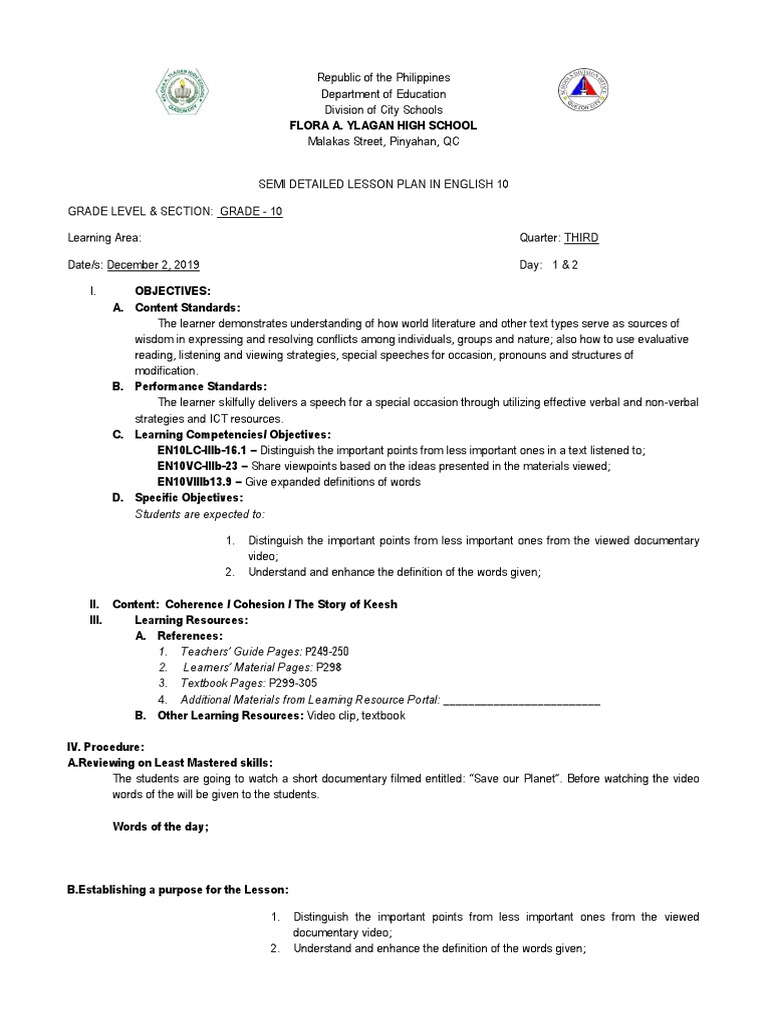English 10 Lesson Plan | PDF | Teaching | Learning