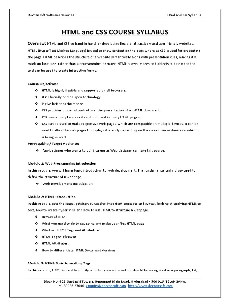 HTML & Css Syllabus PDF | PDF | Html | Html Element HTML & Css Syllabus PDF | PDF | Html | Html Element