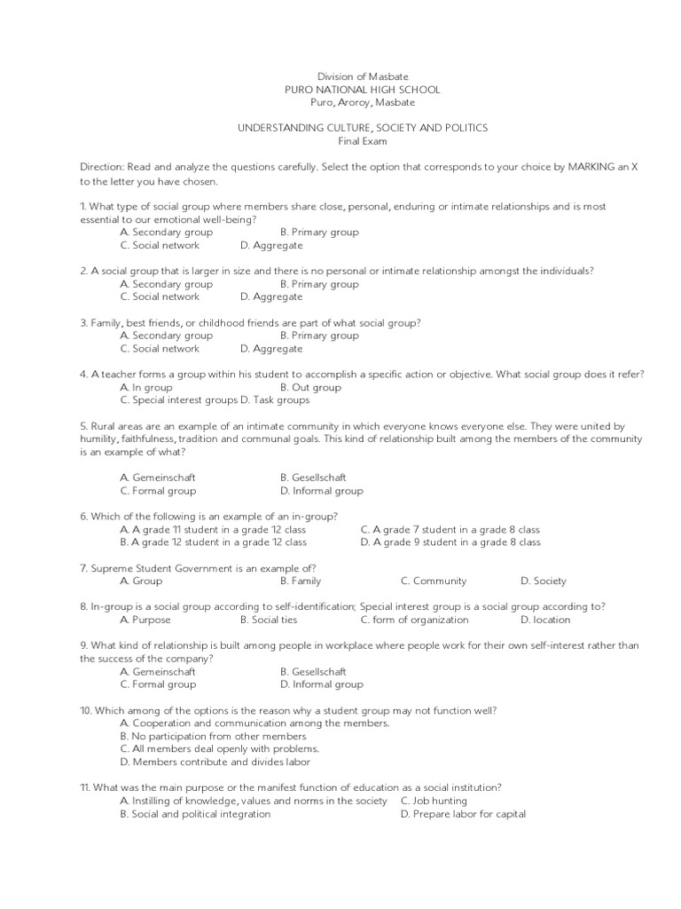 UCSP Final Exam Student | PDF | Social Group | Marriage
