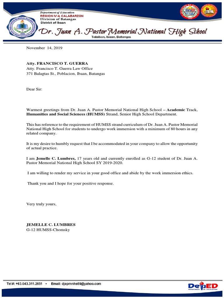 Work Immersion Application Letters for HUMSS | PDF | Curriculum | Learning