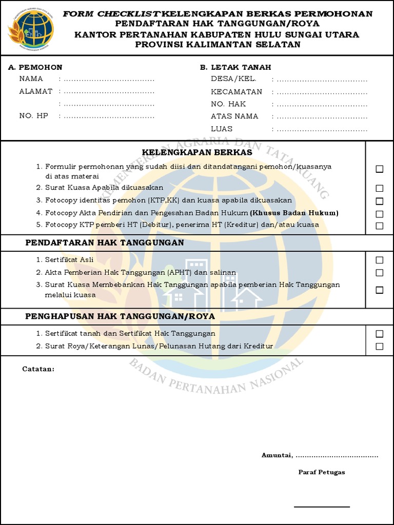 Form Checklist Hak Tanggungan Dan Roya | PDF