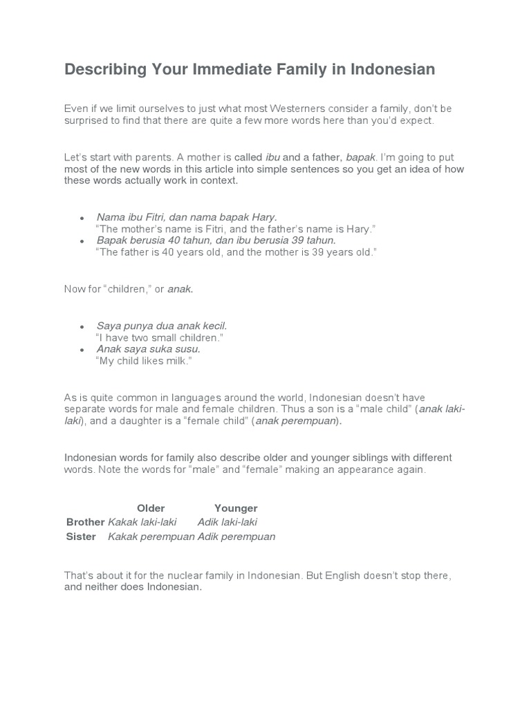 Describing Your Immediate Family in Indonesian | PDF