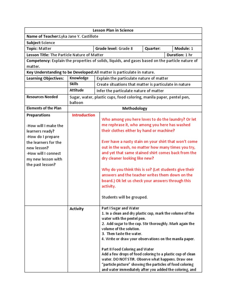 Lesson Plan Sci | PDF | Matter | Particle