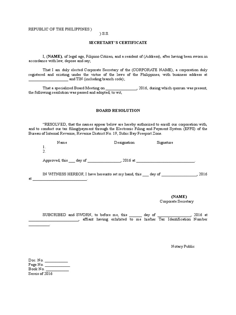 Secretary Certificate For EFPS | PDF
