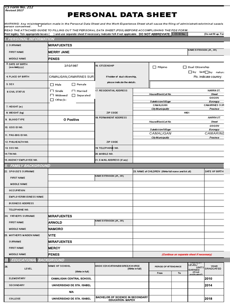CSC Form 212 (Revised 2017) Personal Data Sheet | PDF | Employment ...