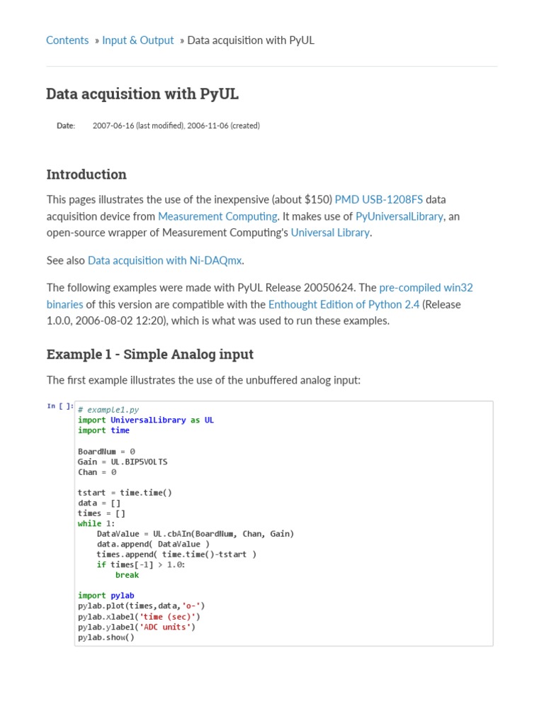 Data Acquisition With PyUL - SciPy Cookbook Documentation PDF | PDF | Data Acquisition | Analog ...