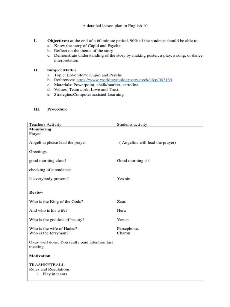 TTL Lesson Plan 1 Cupid Nad Psyche | PDF | Eros | Greek Mythology