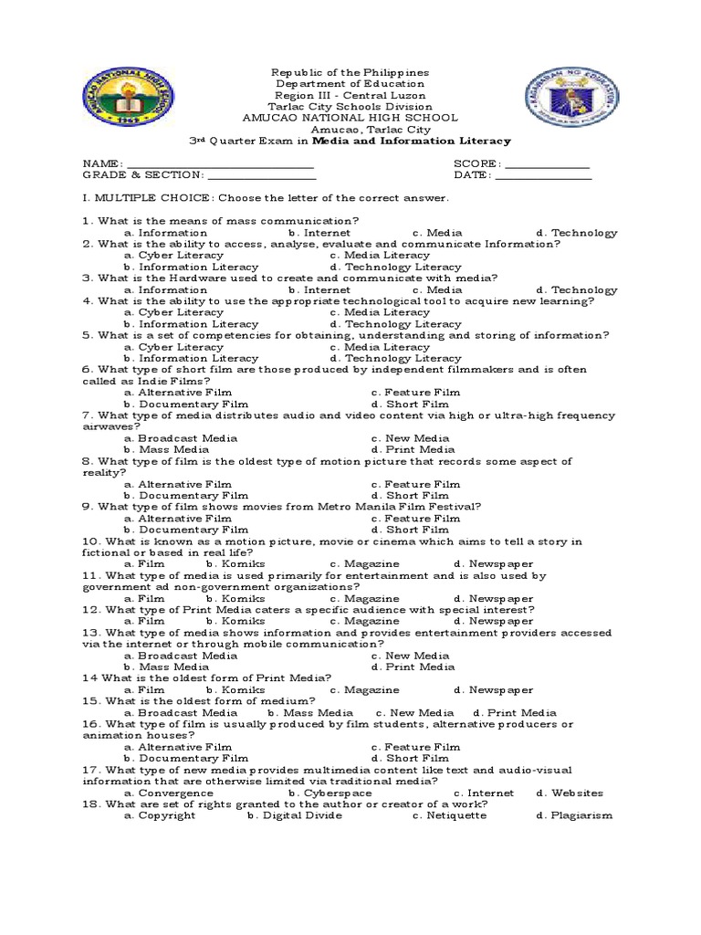 3rd Quarter Exam in Media and Information Literacy | PDF | Mass Media ...