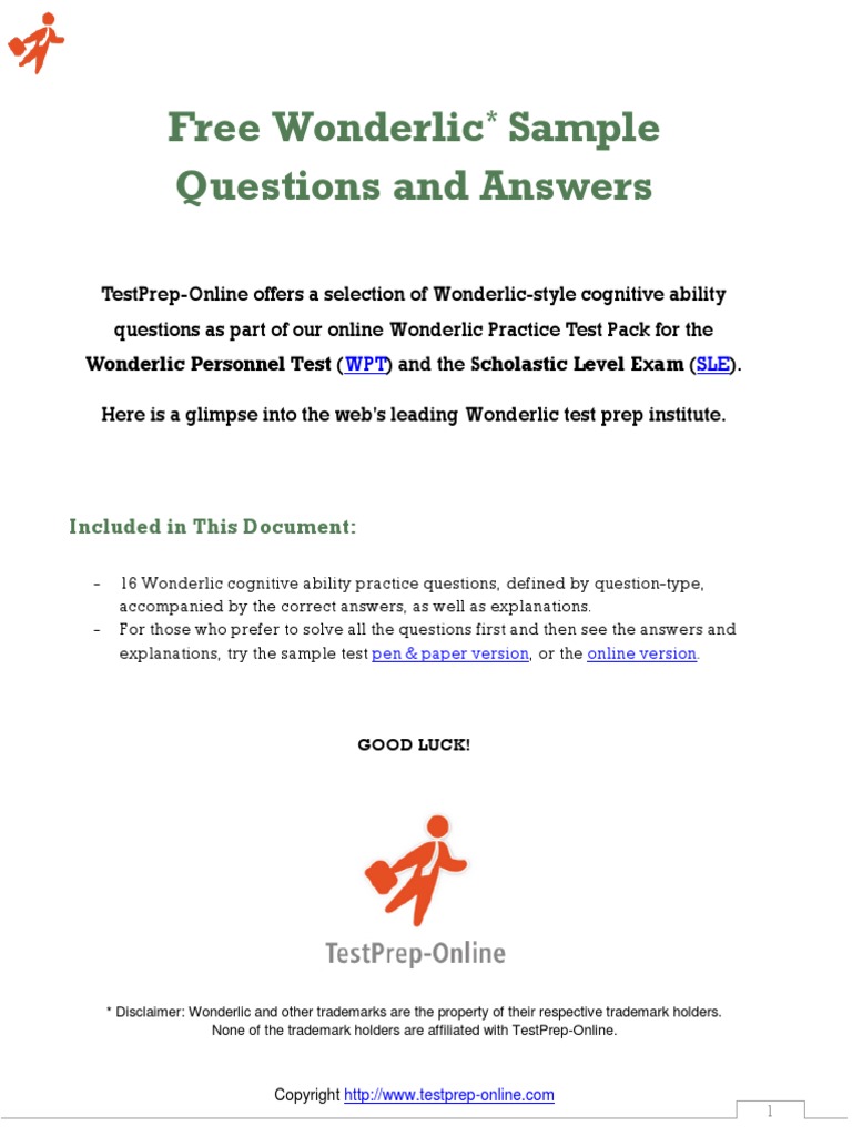 Free Wonderlic Sample Test Questions and Answers | PDF | Fraction ...