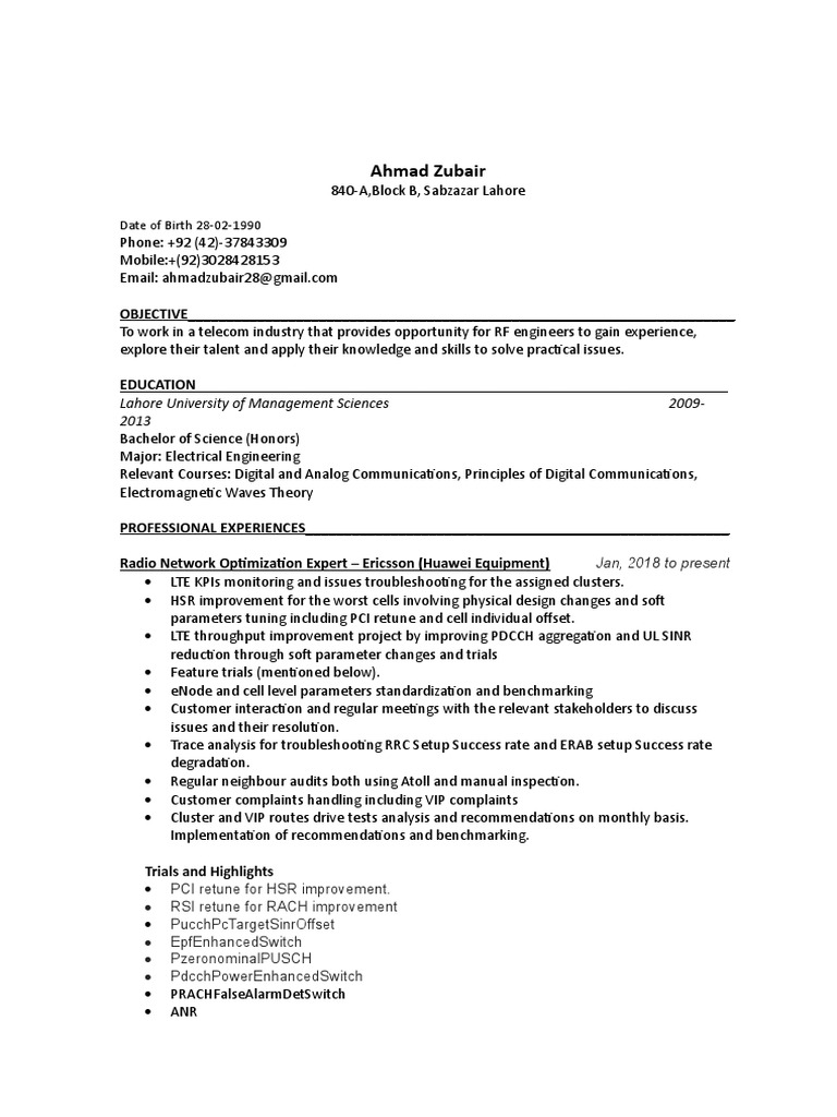 Ahmad Zubair LTE Optimization Engineer | PDF | Lte (Telecommunication) | Ericsson