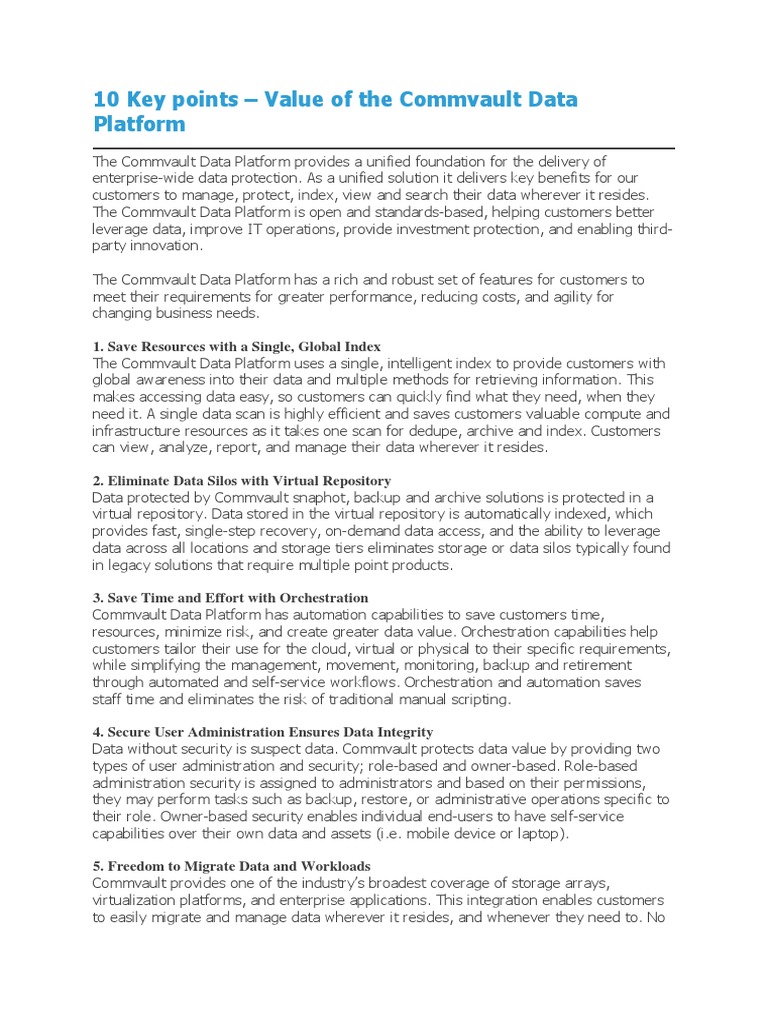 10 Key Points - Value of Commvault Data Platform | PDF | Cloud Computing | Backup