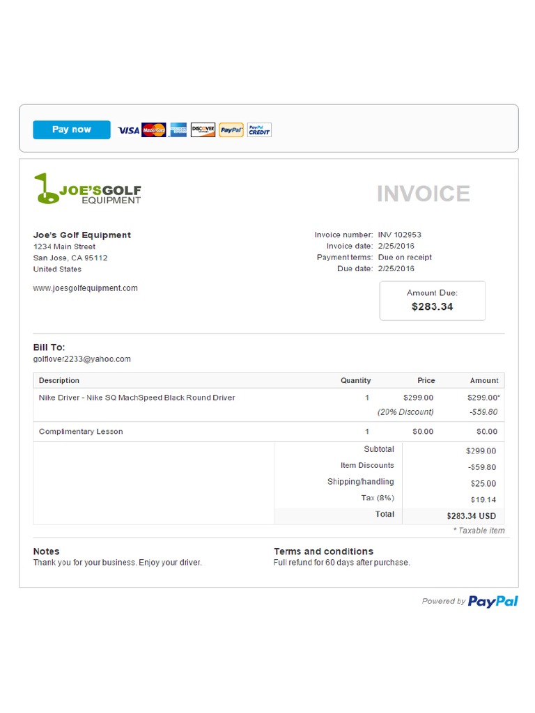Joes Golf Invoice Template 2016 | PDF