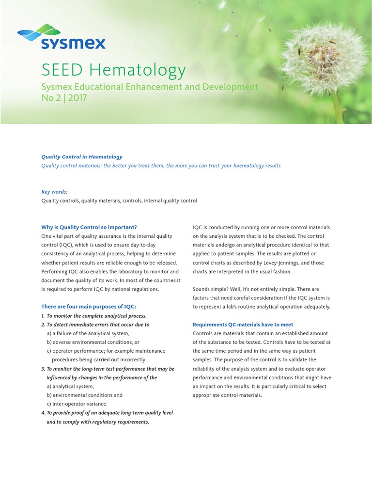 Sysmex SEED Quality Control in Haematology | PDF | Nature