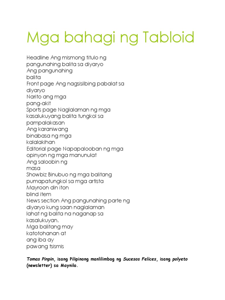 Mga Bahagi NG Tabloid | PDF