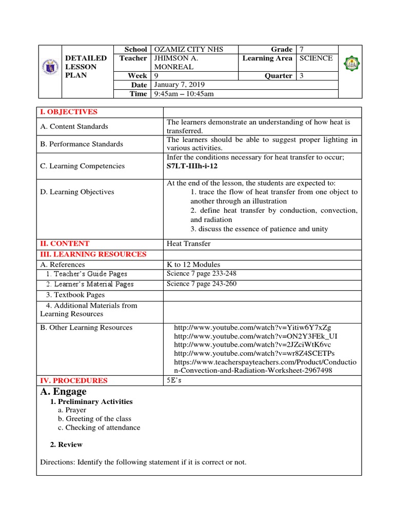 Grade 7 Heat Transfer Lesson Plan | PDF | Heat Transfer | Thermal ...
