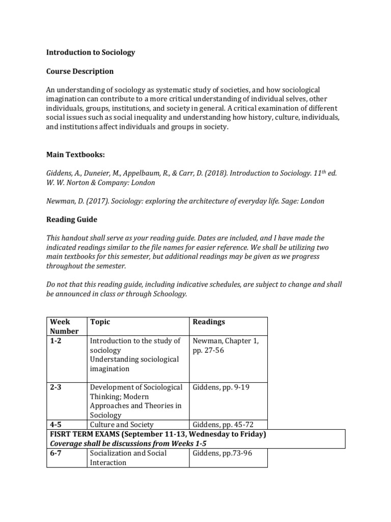 Intro To Sociology - Course and Reading Guide | PDF | Sociology | Self