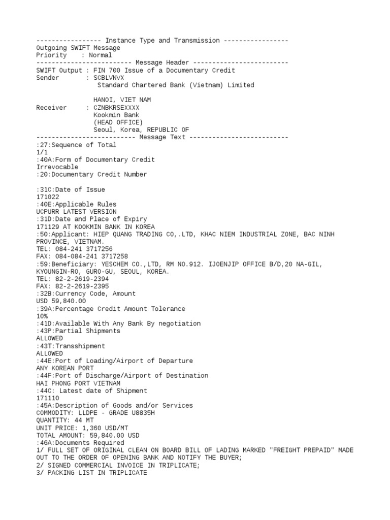 SAMPLE LC SWIFT MT700 - ITFCvietnam - XNK - Standard Charterbank | PDF ...