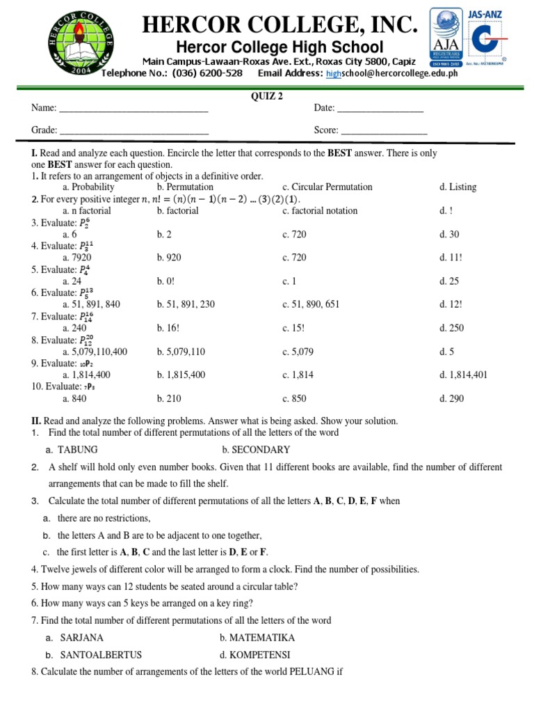 Probability Quiz | PDF | Permutation | Combinatorics