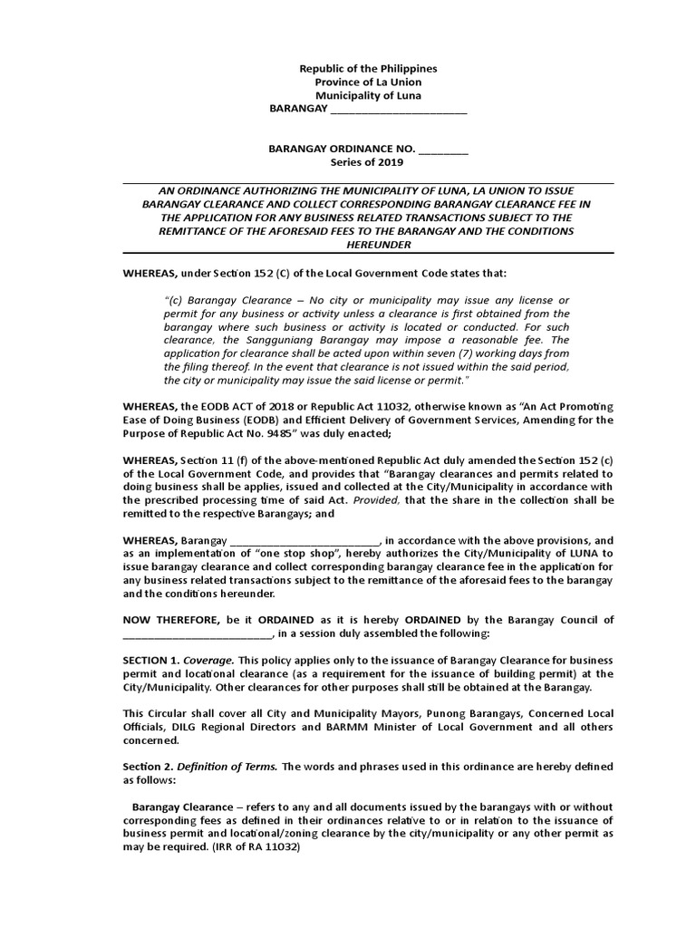 Barangay Ordinance - Barangay Clearance Issuance - Sample | PDF ...