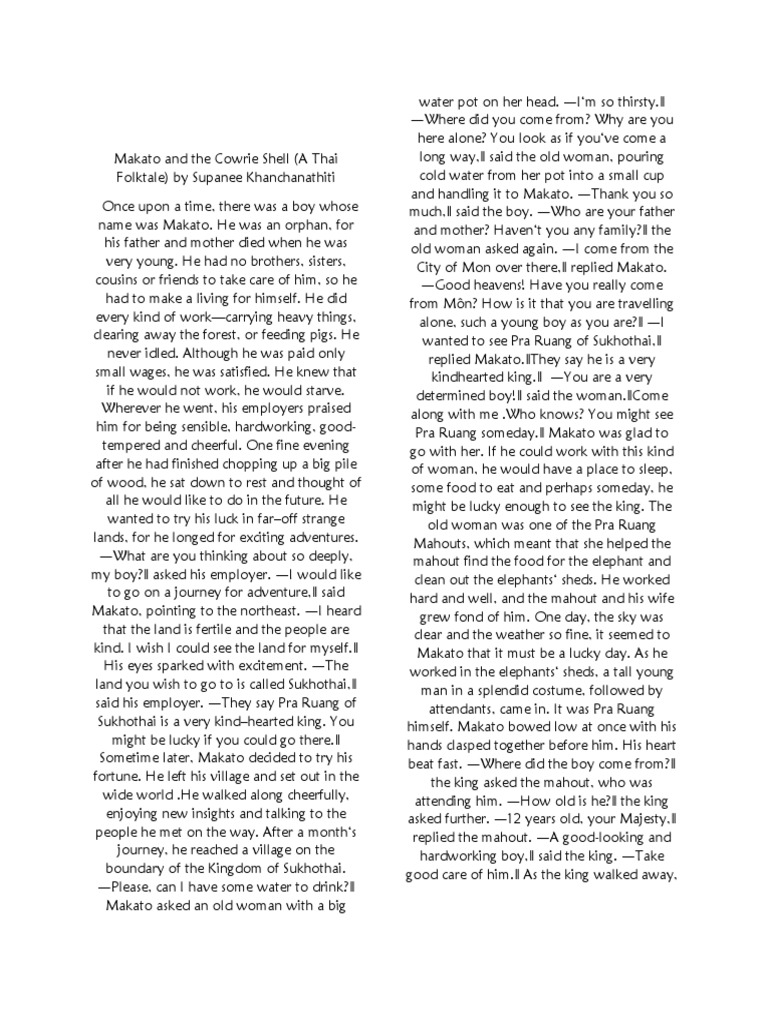 Makato and The Cowrie Shell (A Thai Folktale) by Supanee Khanchanathiti | PDF