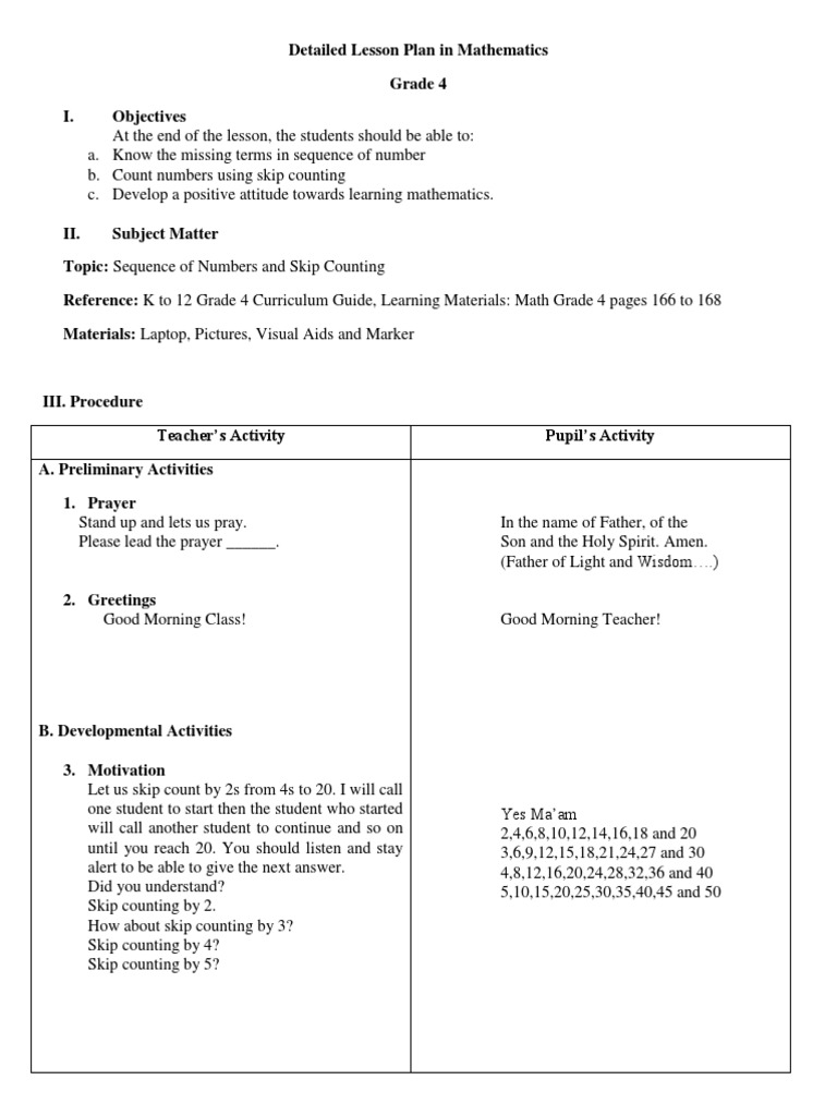 Lesson Plan - Math4 | PDF | Lesson Plan | Teaching