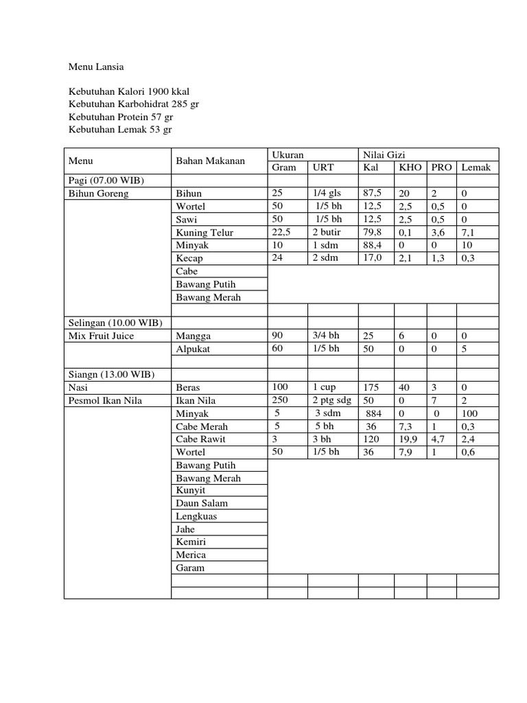 Menu Sehari untuk Lansia 75-90 Tahun | PDF