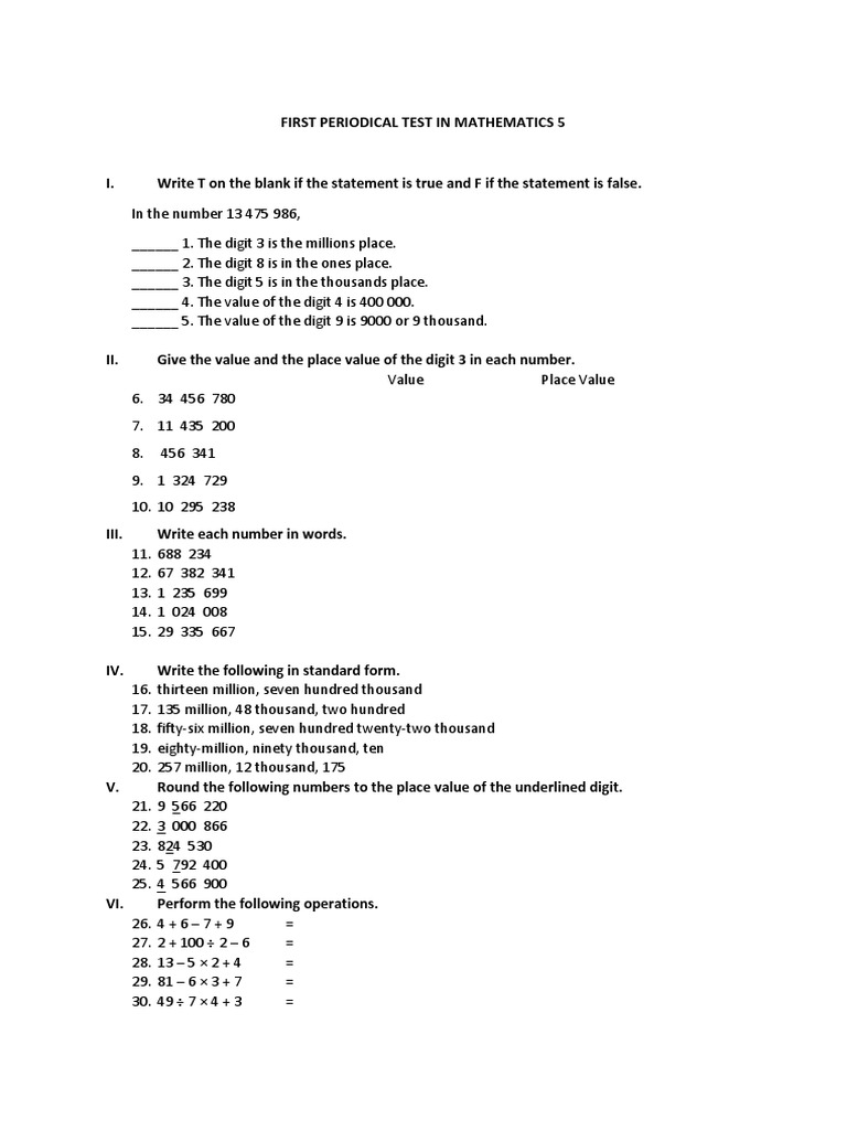 First Periodical Test in Mathematics 5 | PDF | Numbers | Mathematical ...