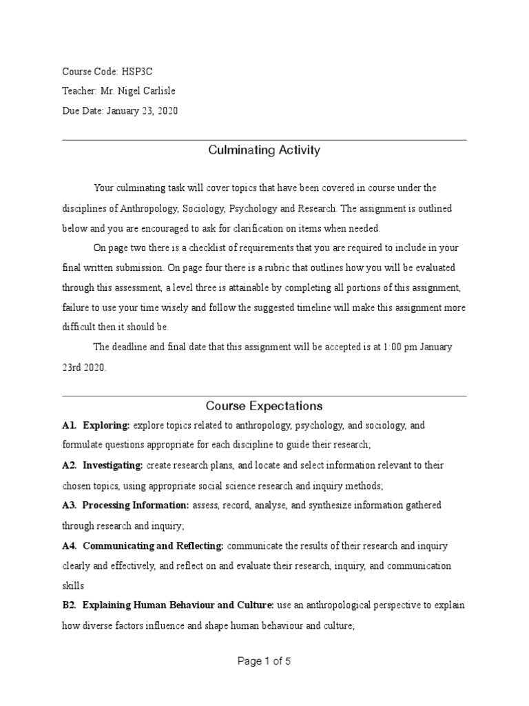 Culminating Project - hsp3c | PDF | Socialization | Sociology