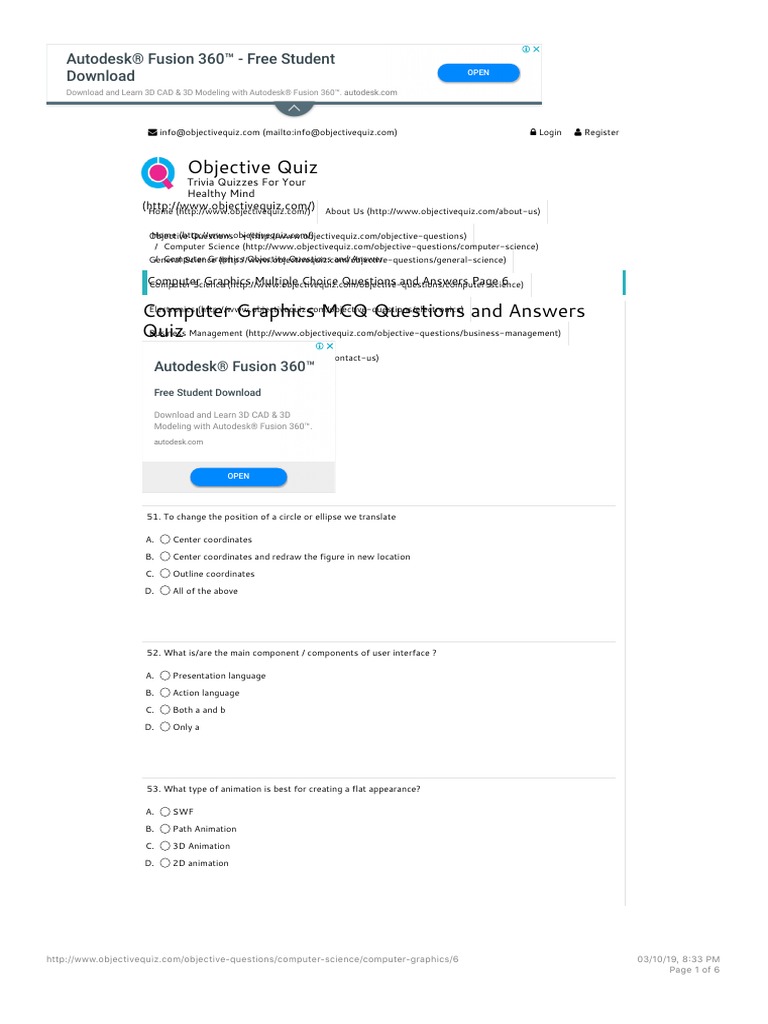 Computer Graphics Multiple Choice Questions and Answers - MCQ Objective Quiz Pag 4 | PDF | 3 D ...