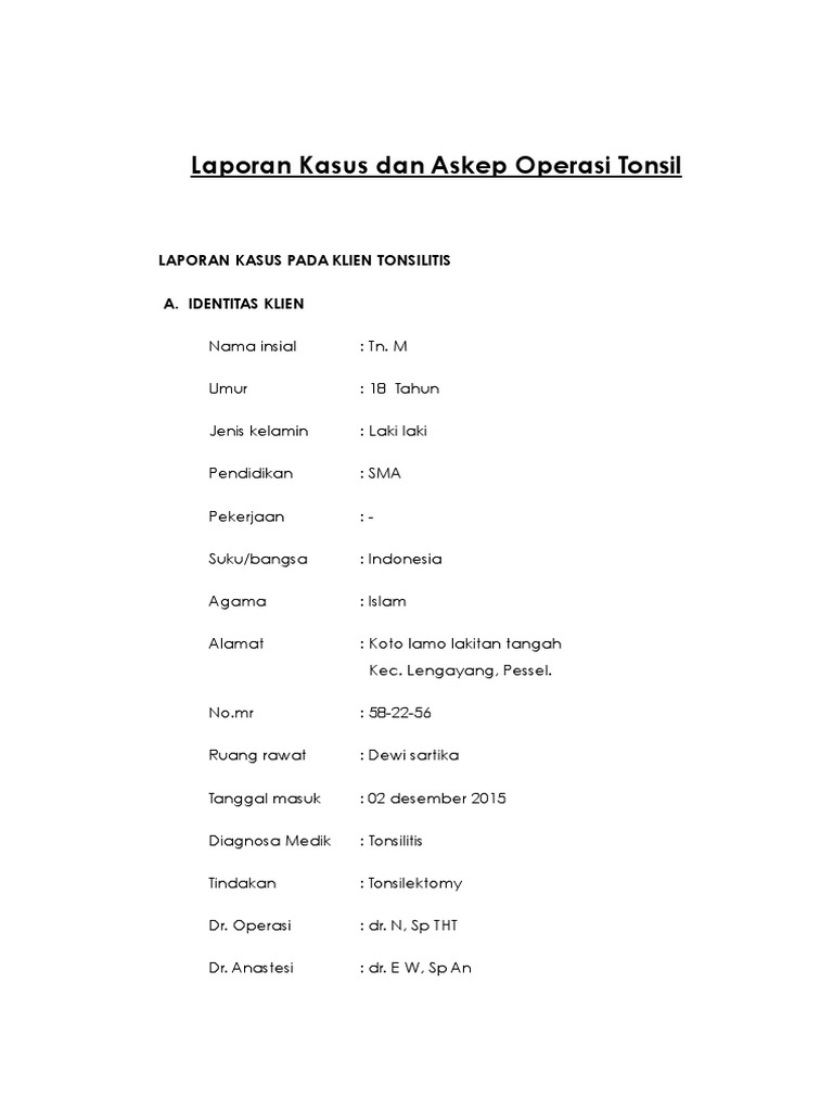 Laporan Kasus Dan Askep Operasi Tonsil | PDF