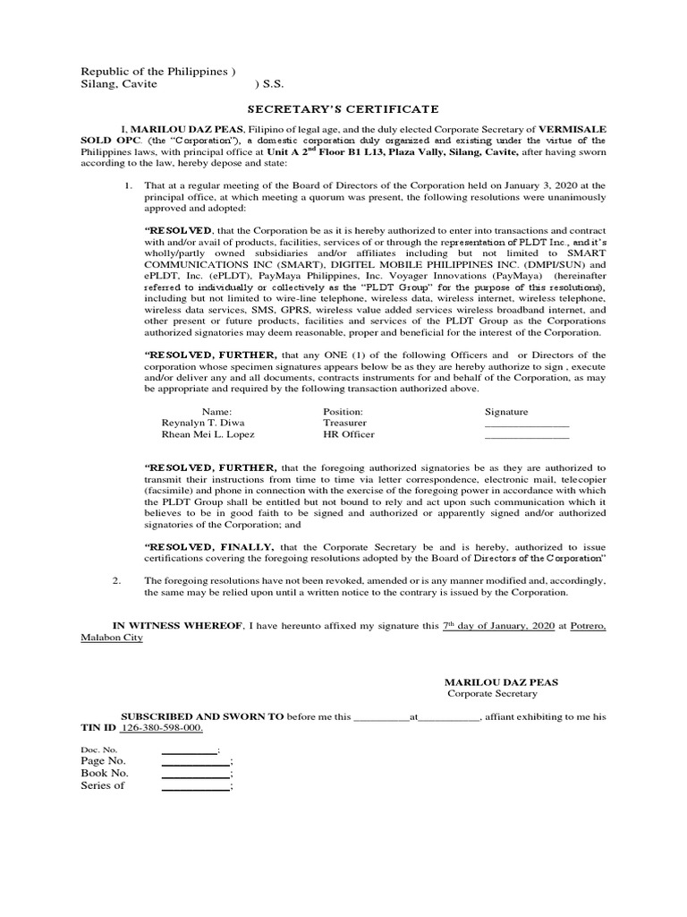 Secretary's Certificate for OPC Resolutions | PDF | Board Of Directors ...