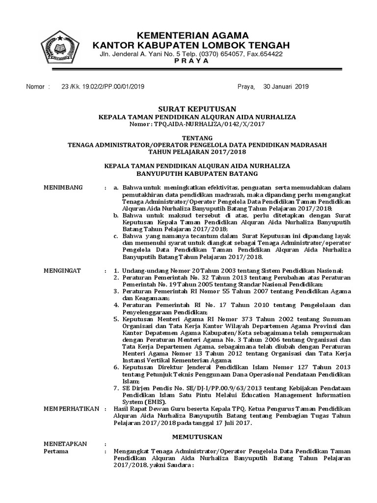 Contoh SK Operator TPQ | PDF