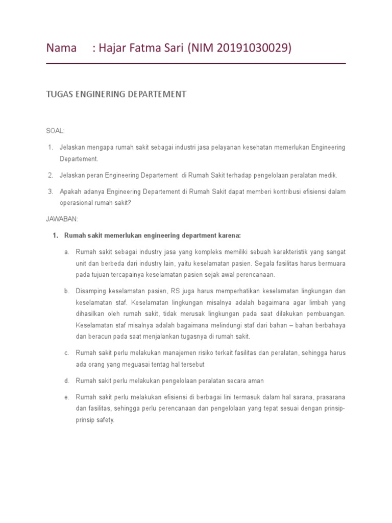 Tugas Engineering Department Di RS | PDF