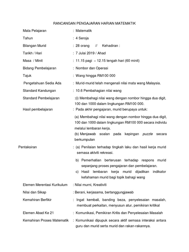 RPH Minggu 5 - Ahad - Bahagi Wang | PDF