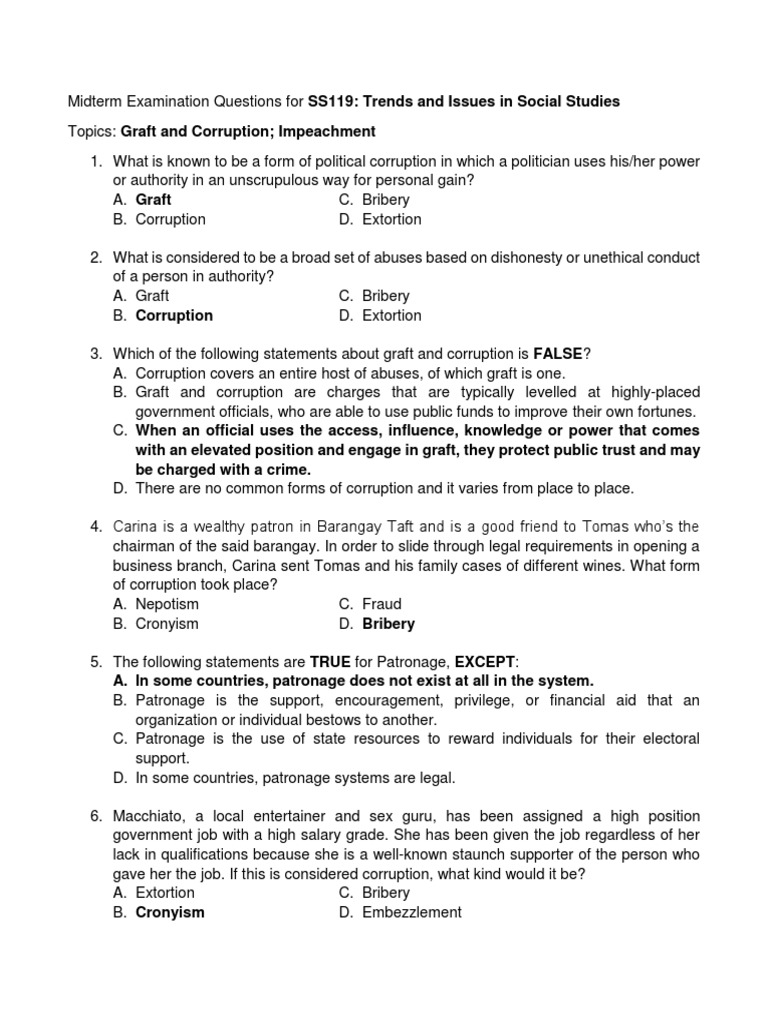 Graft and Corruption Midtern Questions | PDF | Impeachment | Political ...