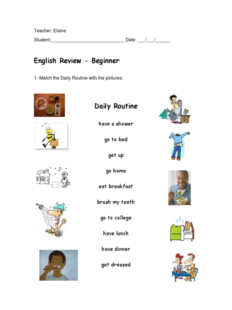 Daily Routine Vocabulary Match Fun Activities Games Picture Description ...