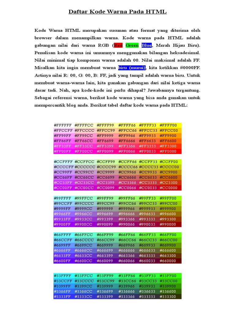 Kode Warna Lengkap untuk HTML | PDF