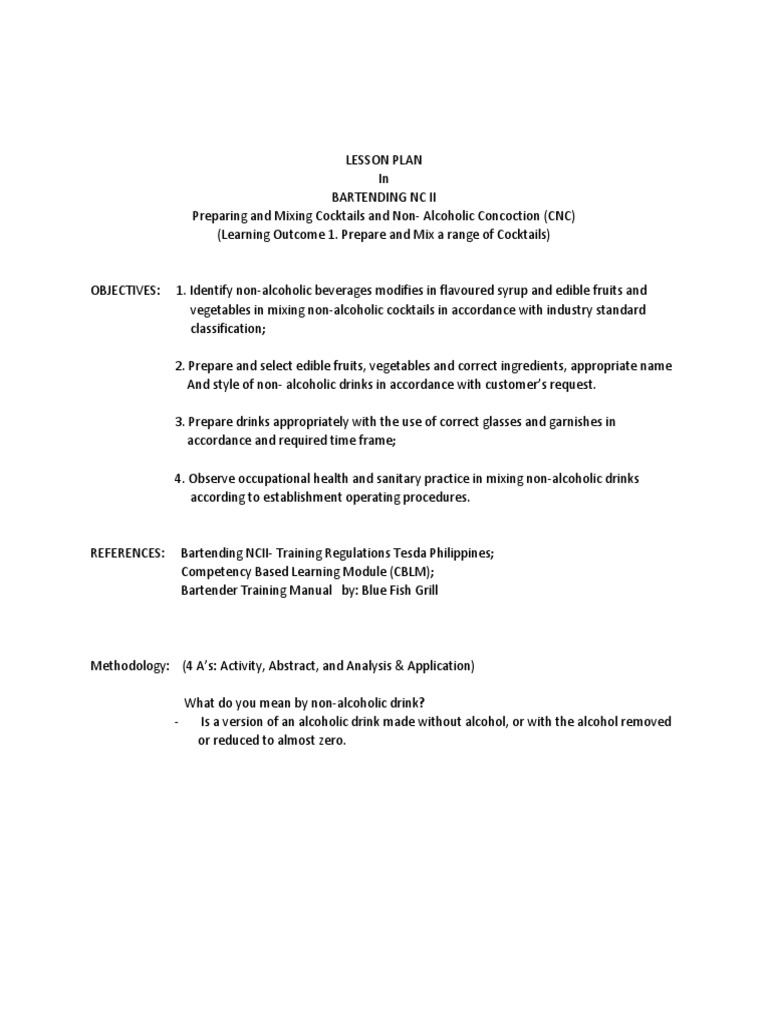 Non-Alcoholic Bartending Lesson Plan | PDF | Syrup | Drink